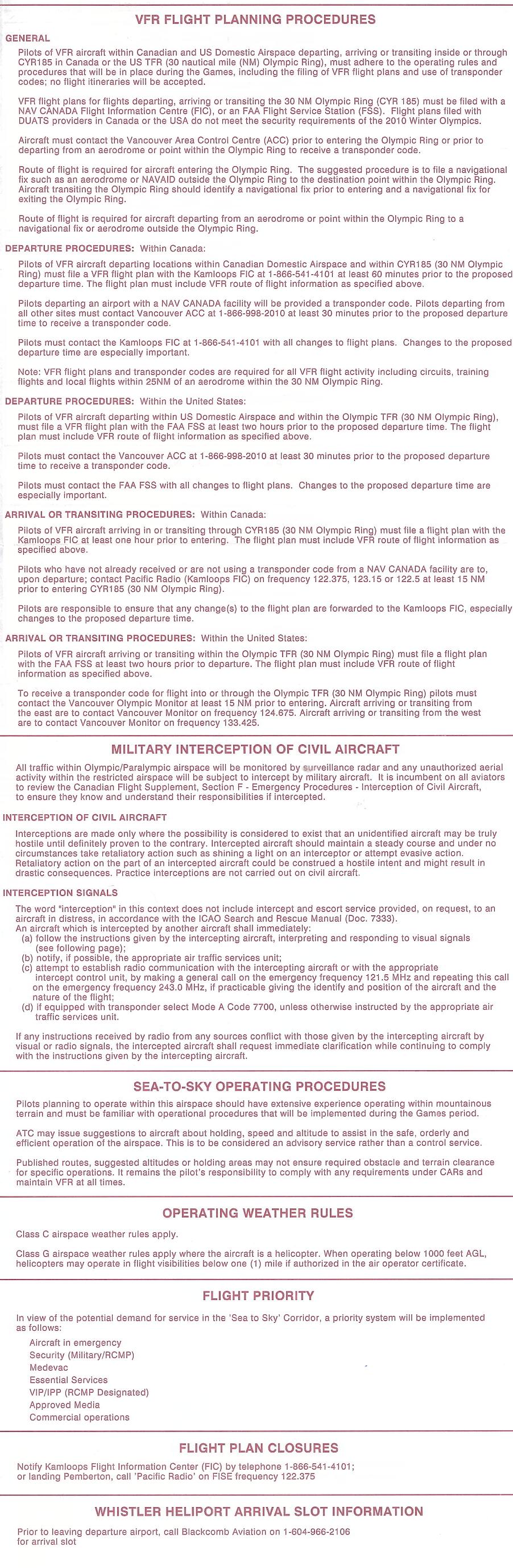 Vancouver Olympics VFR Terminal Area (VTA) Chart--Information Panel ...
